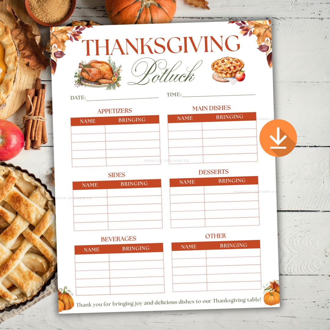 Thanksgiving Potluck Sign up Sheet Planner Office Thanksgiving Dinner ...