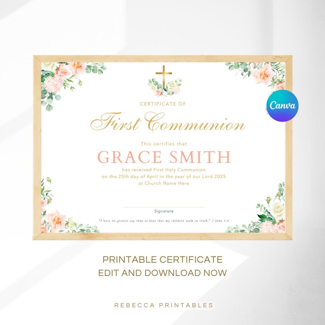 First Communion Certificate Template Editable Girl First Holy Communion ...