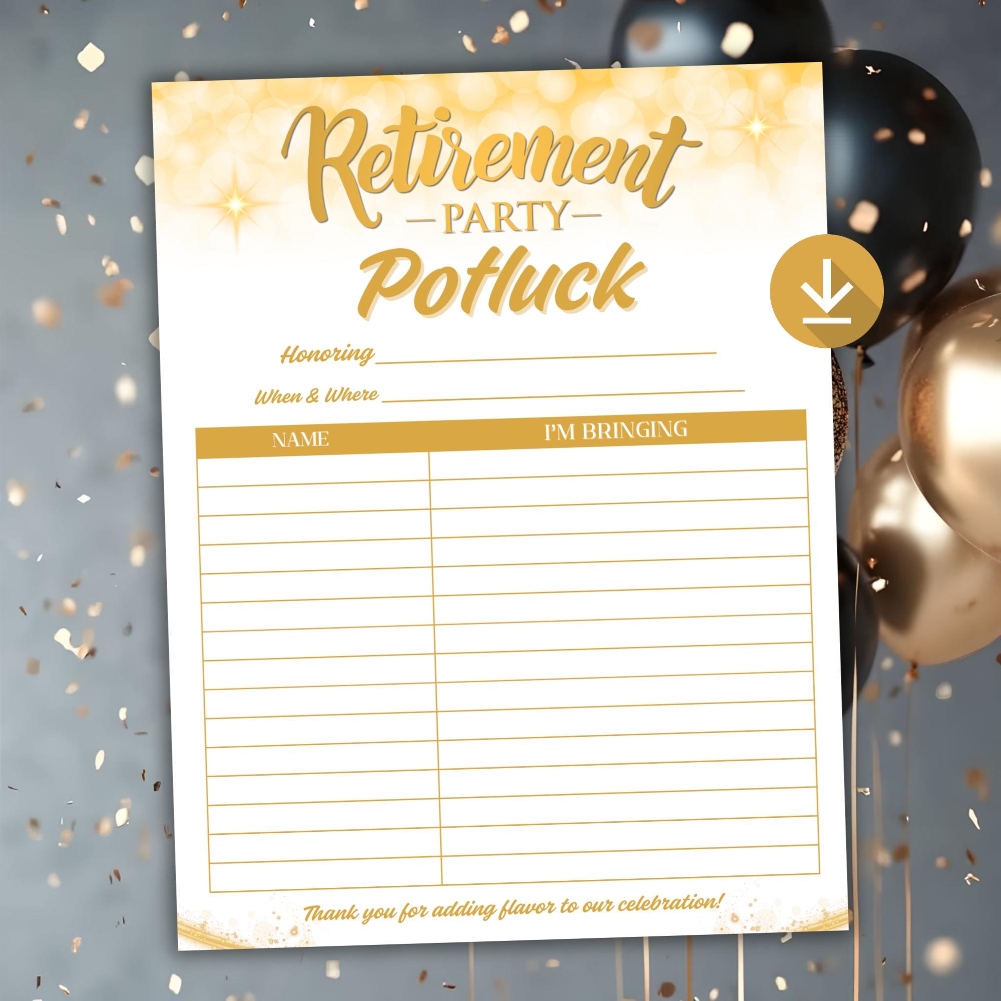 Retirement Potluck Sign-up Sheet Printable Office Potluck Page ...