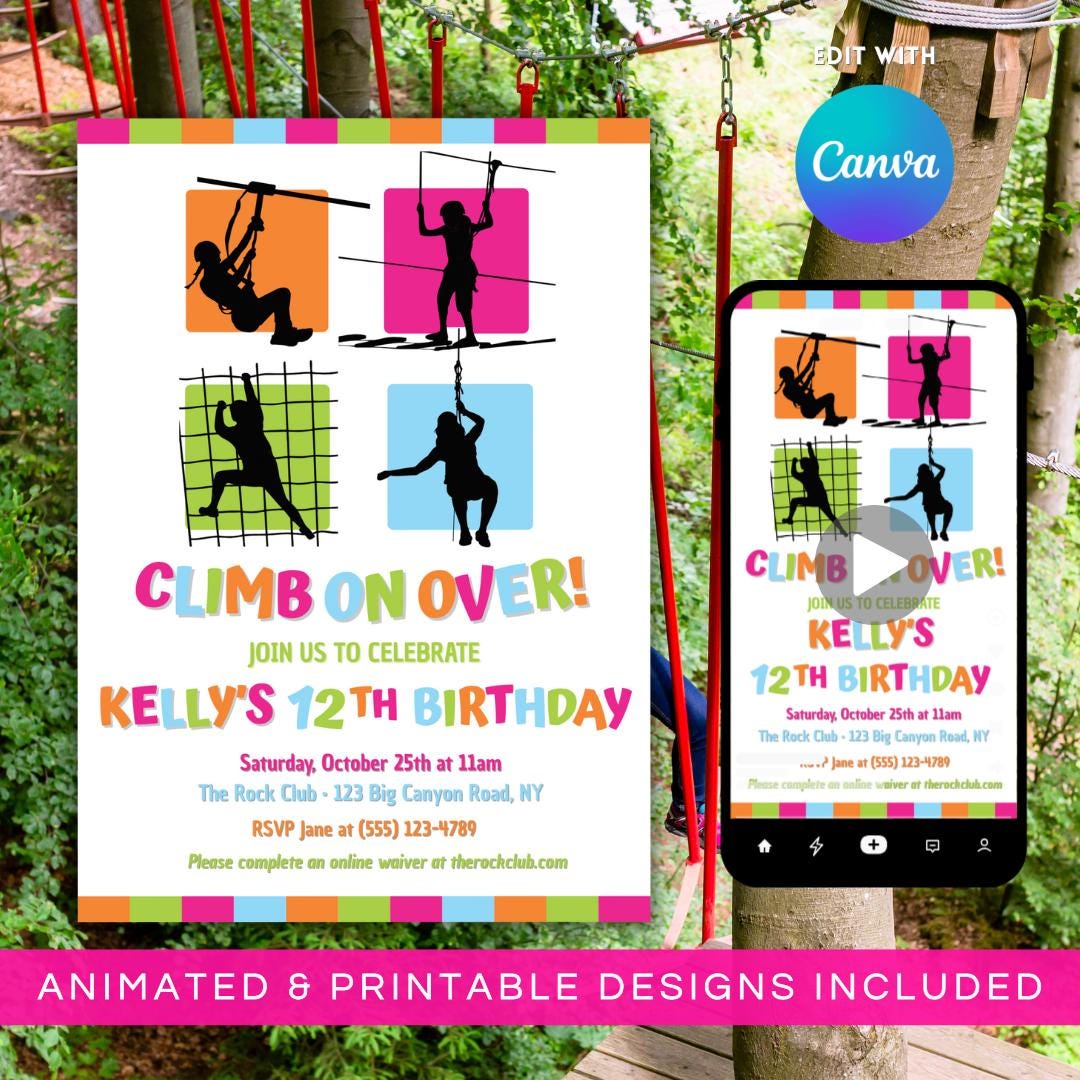 Ropes Course Invitation Obstacle Course Birthday Girl Zipline ...