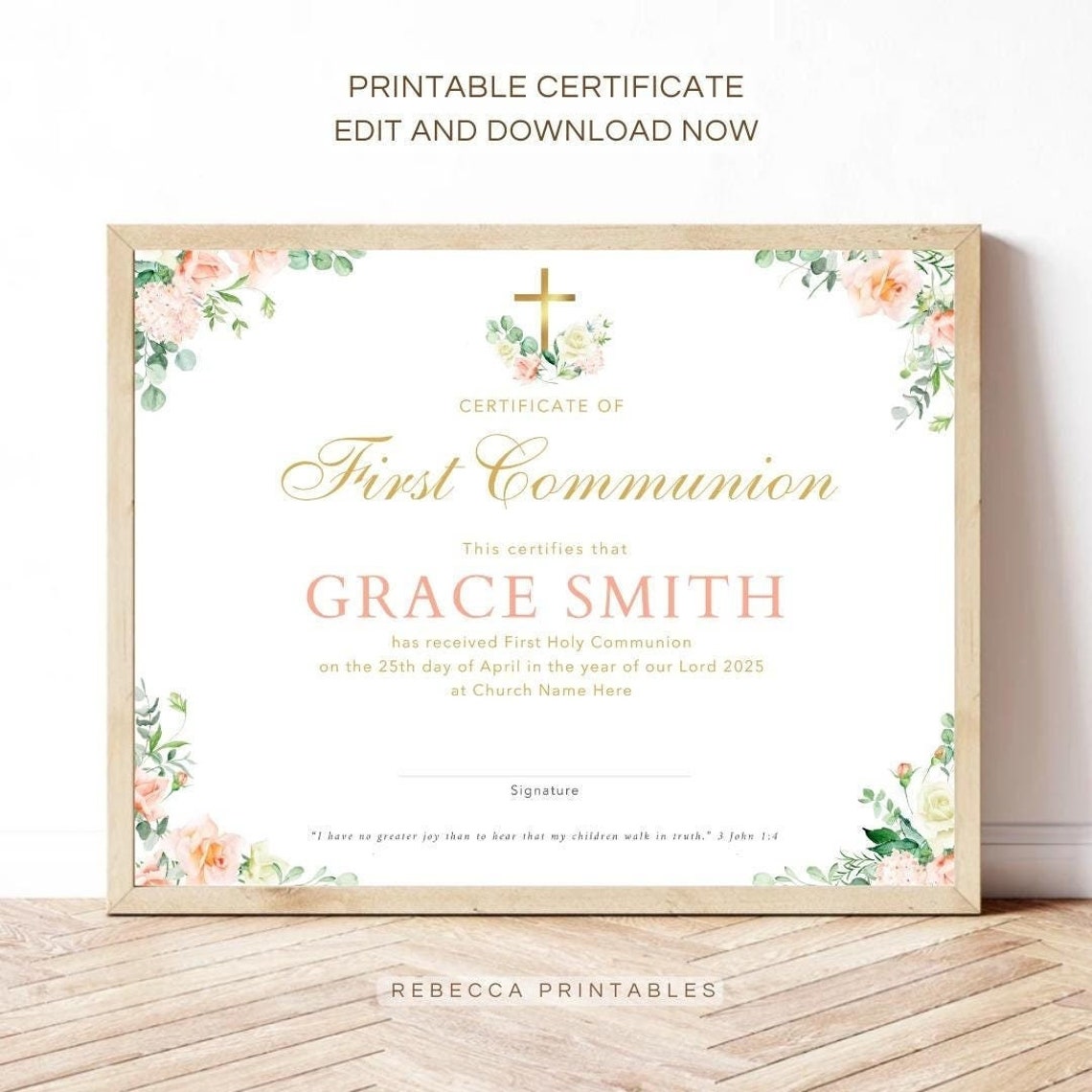 First Communion Certificate Template Editable Girl First Holy Communion ...