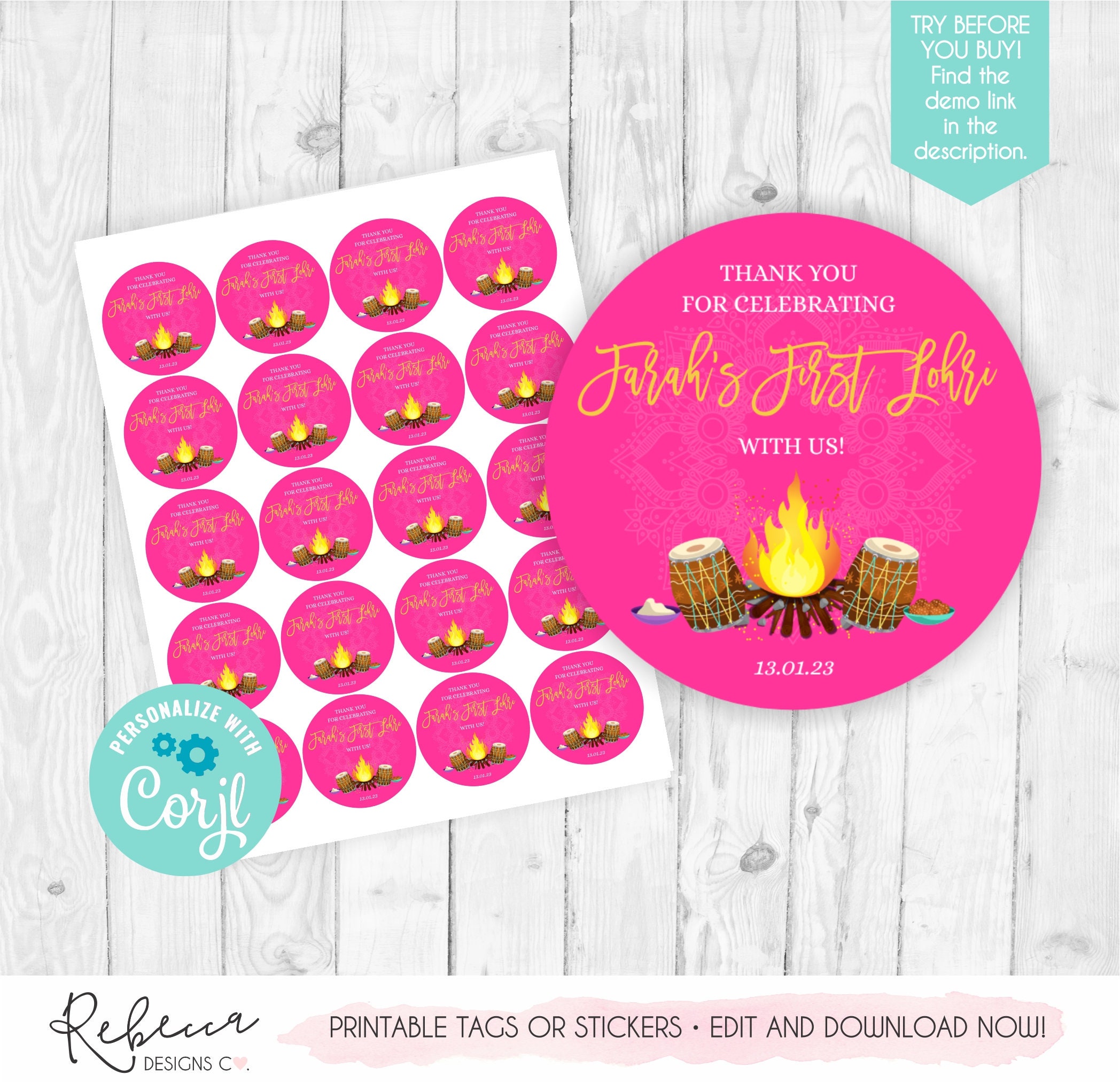 Lohri Stickers Printable Lohri Favor Tags Template Pink Lohri Tags ...