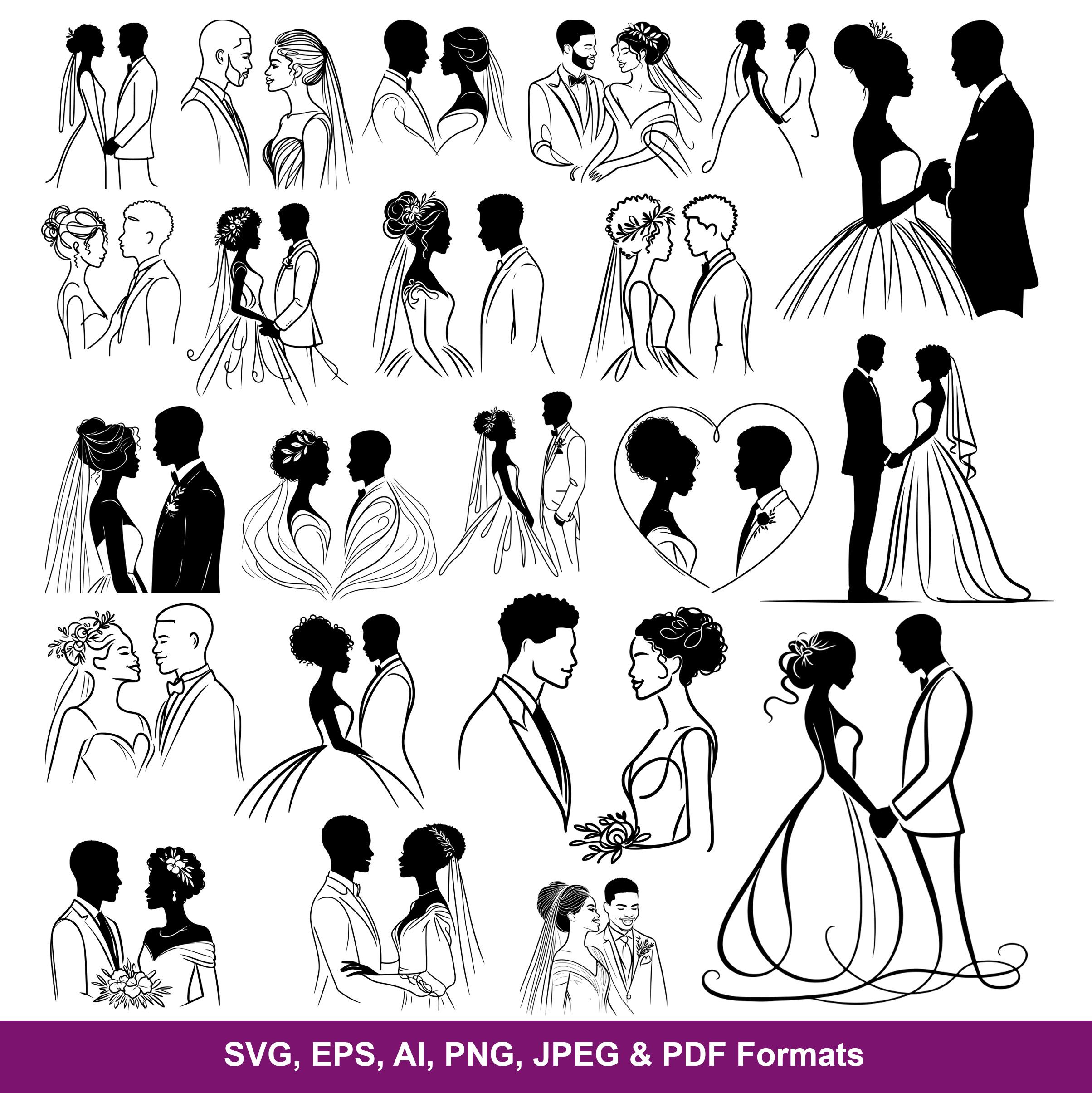 25 Black Wedding Silhouettes SVG PNG AI | African American Bride ...