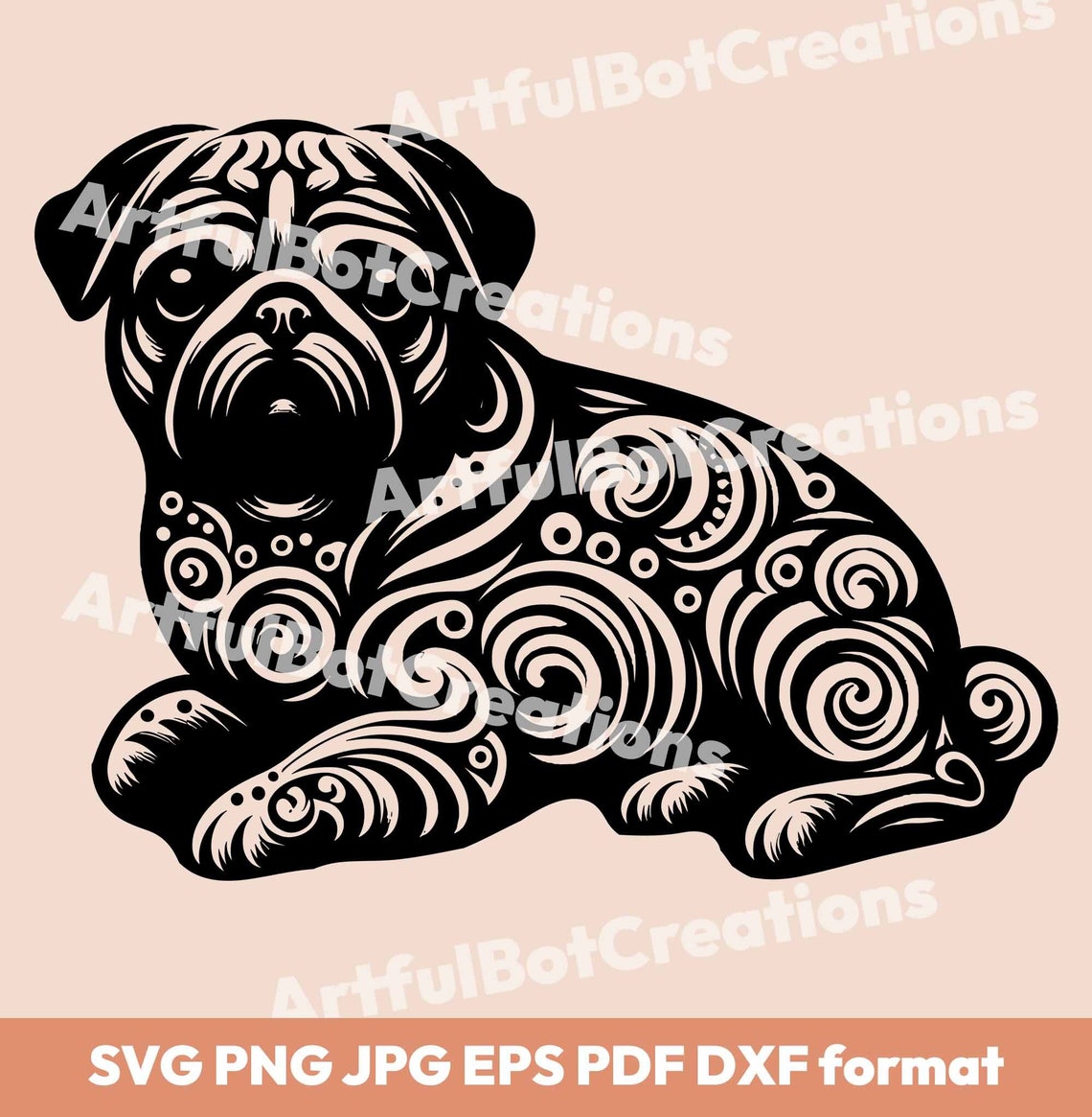 Unique Pug Silhouette Outline With Swirly Spiral Pattern. Cute Design ...