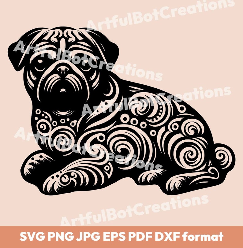 Unique Pug Silhouette Outline With Swirly Spiral Pattern. Cute Design ...