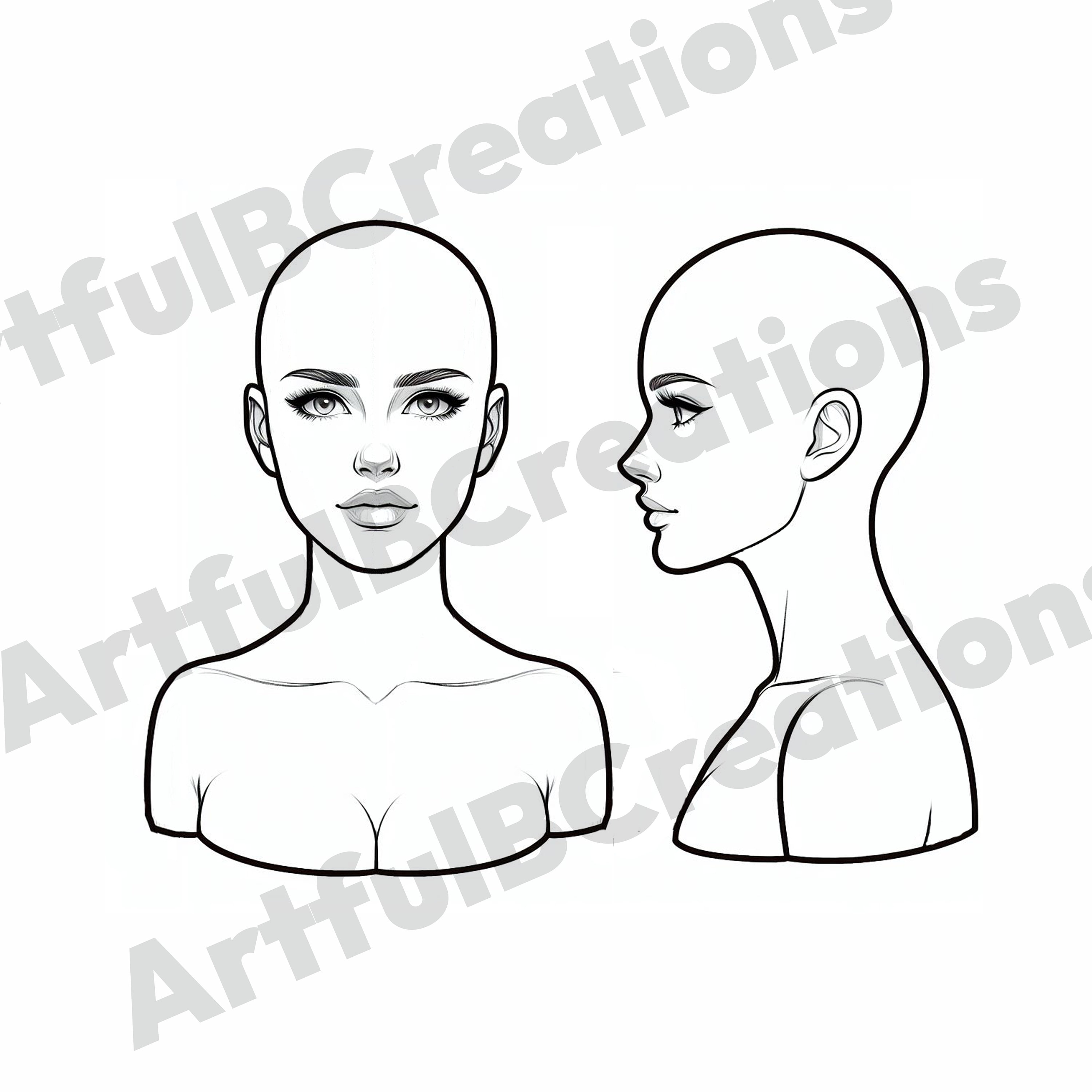 Fashion Mannequin Head Croquis - Template - Bald Head - Front & Side ...