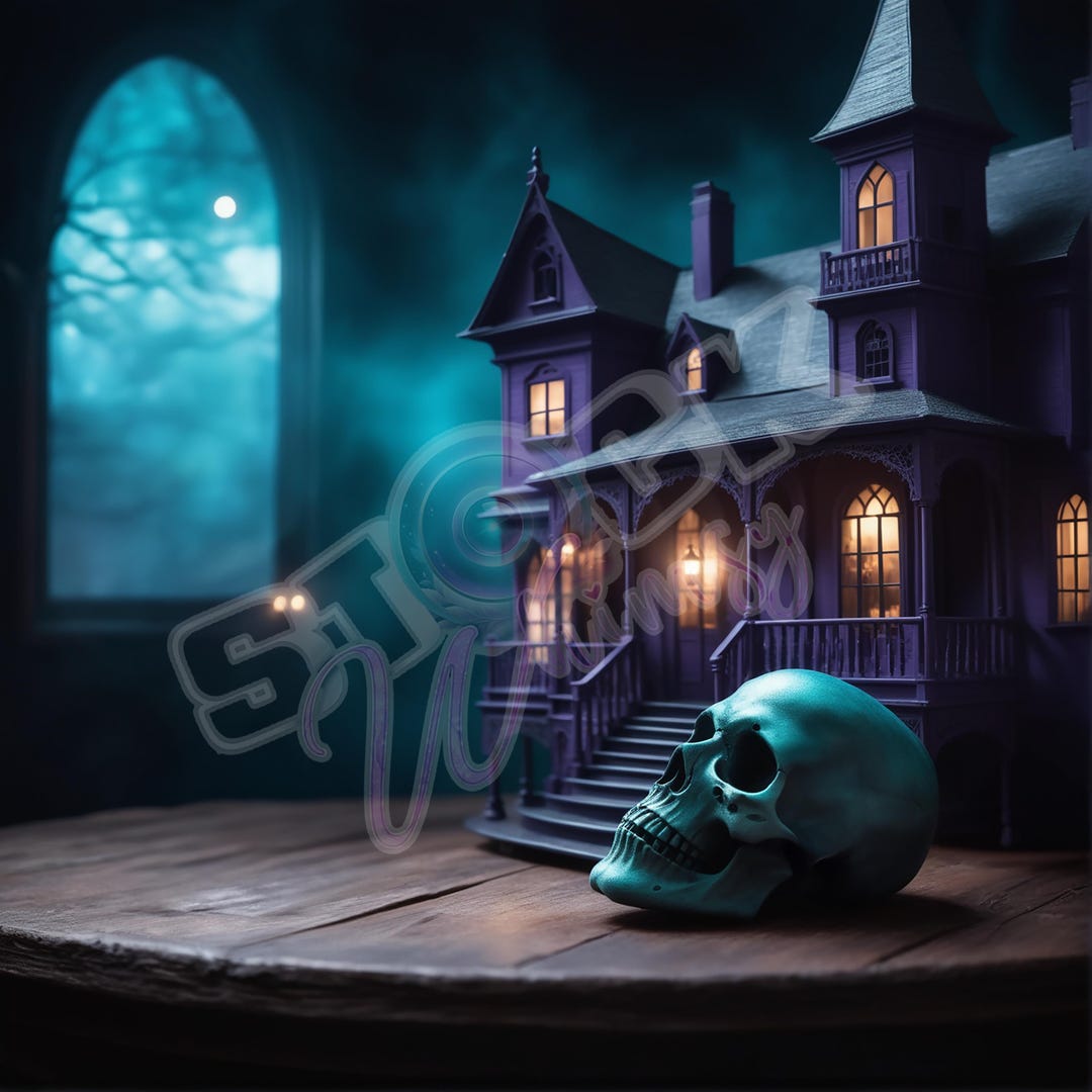 Spooky Victorian Haunted House With Skull Display Mockup background ...