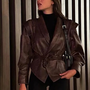 Tie Front Leather Belt Jacket Coat Over Shirt Woman Autumn Chic Elegant ...