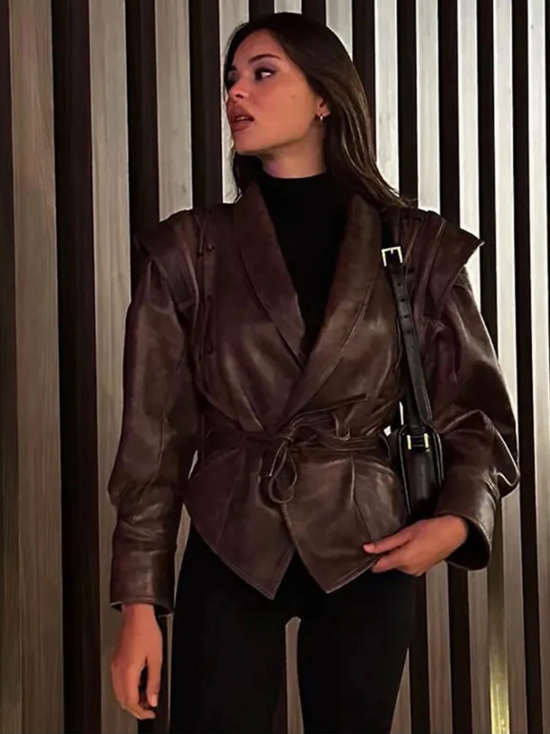 Tie Front Leather Belt Jacket Coat Over Shirt Woman Autumn Chic Elegant ...