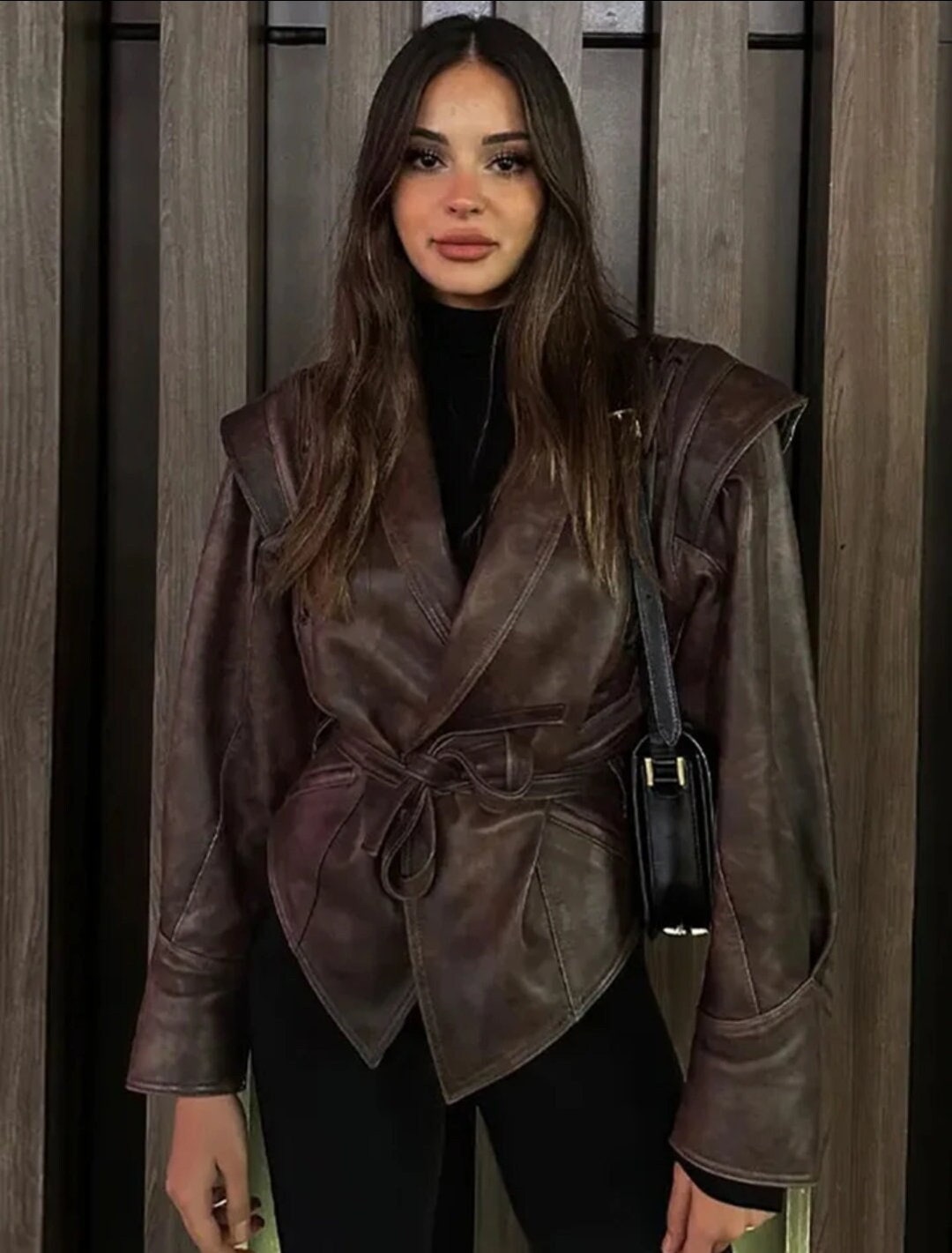 Tie Front Leather Belt Jacket Coat Over Shirt Woman Autumn Chic Elegant ...