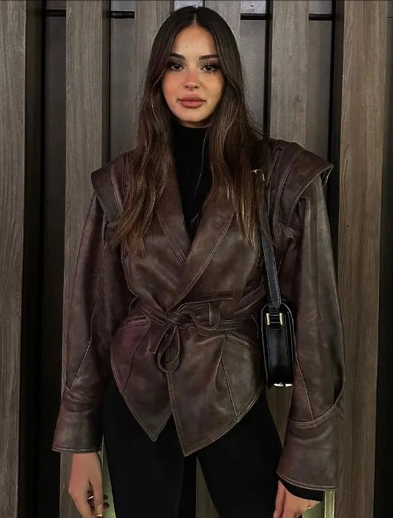 Tie Front Leather Belt Jacket Coat Over Shirt Woman Autumn Chic Elegant ...