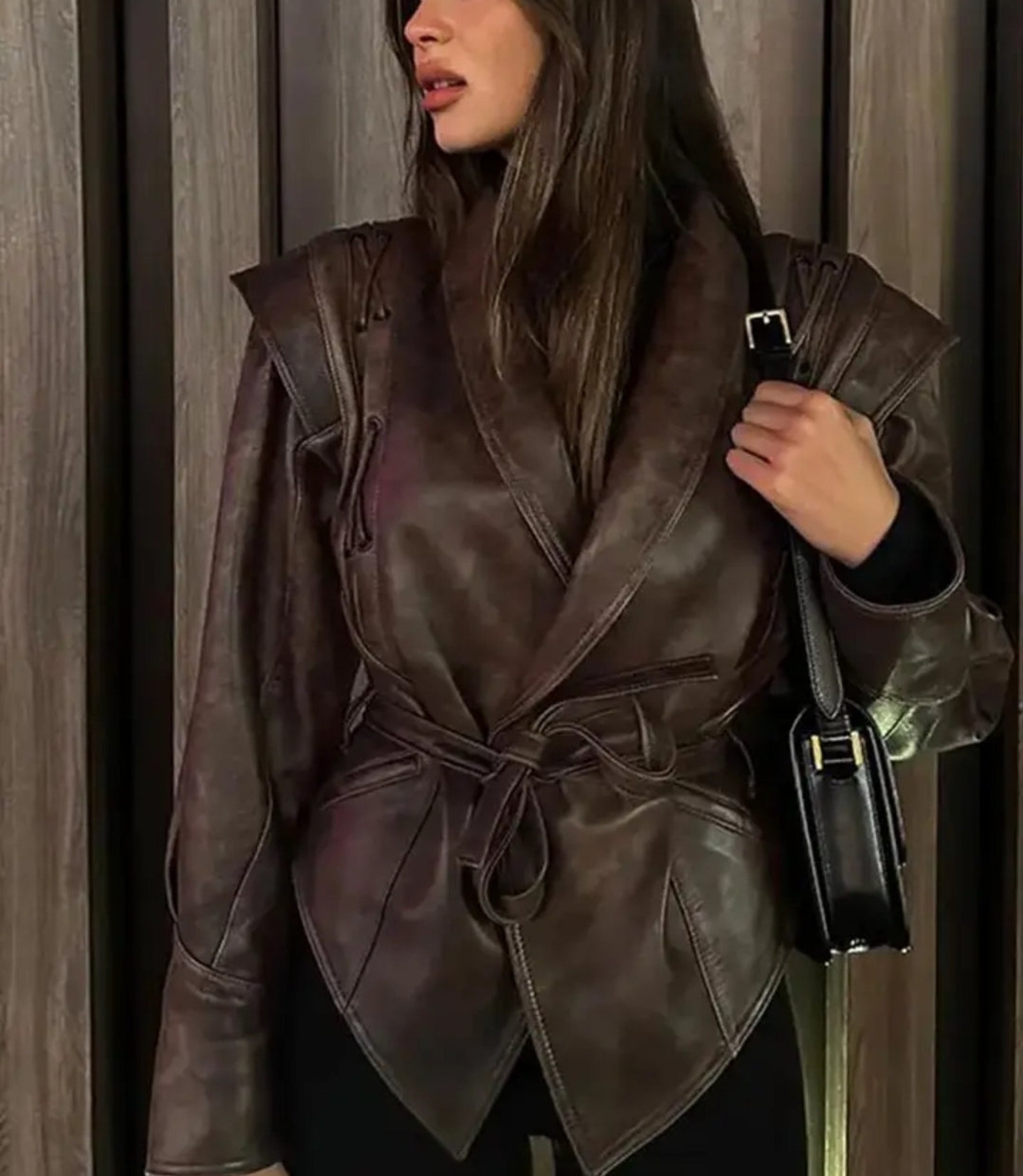 Tie Front Leather Belt Jacket Coat Over Shirt Woman Autumn Chic Elegant ...