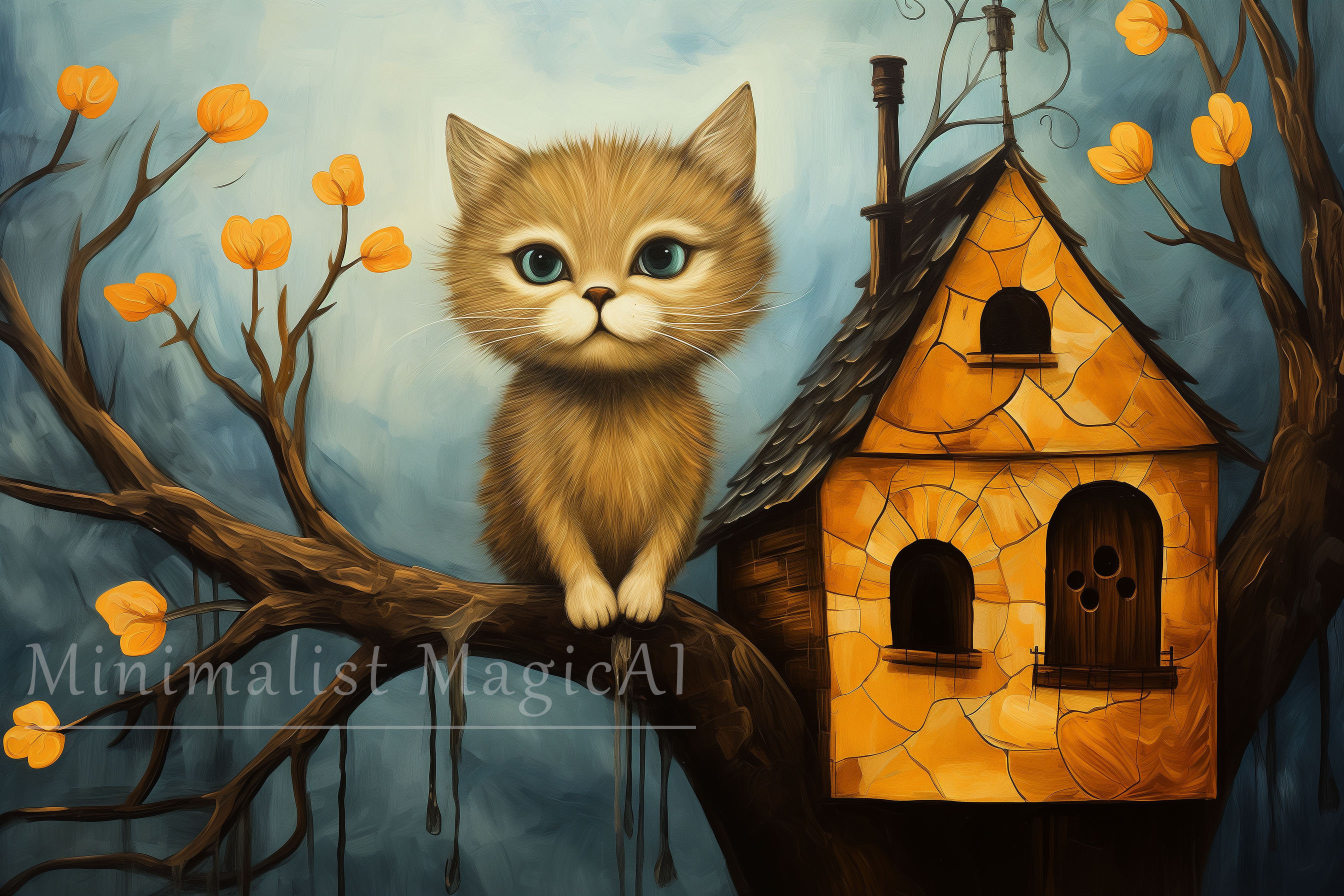 Fantasy Cat by the Tree House | Cute Animals I Tempera | AI Wall Art ...