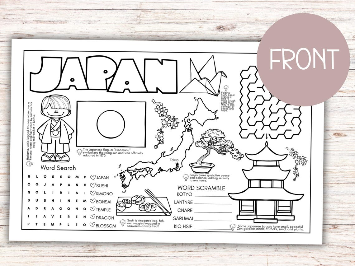 Japan Themed Printable Activity Sheet, Placemat for Kids – Word Search ...