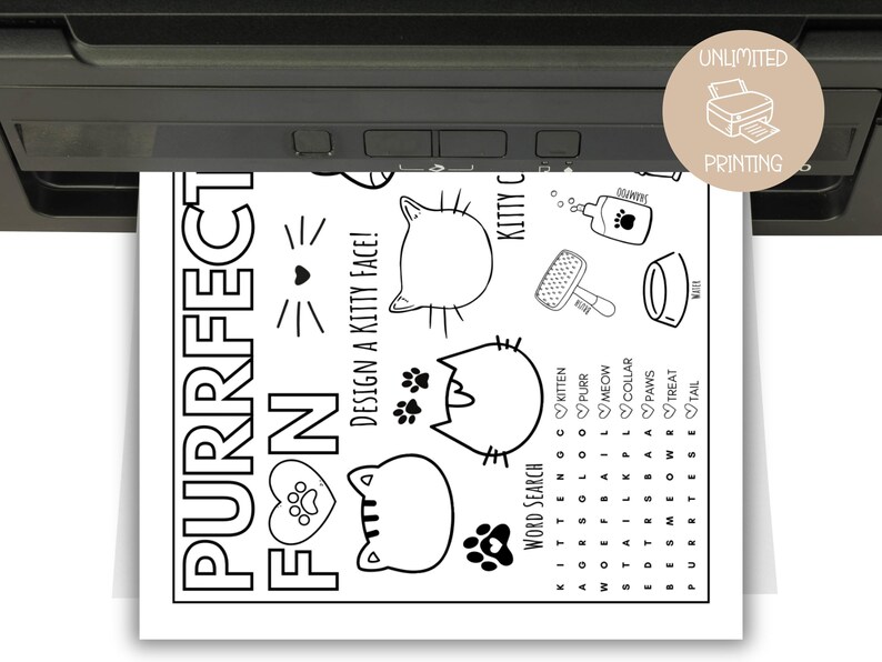 Cat, Kitten, Pet Themed Printable Activity Sheet, Placemat for Kids ...