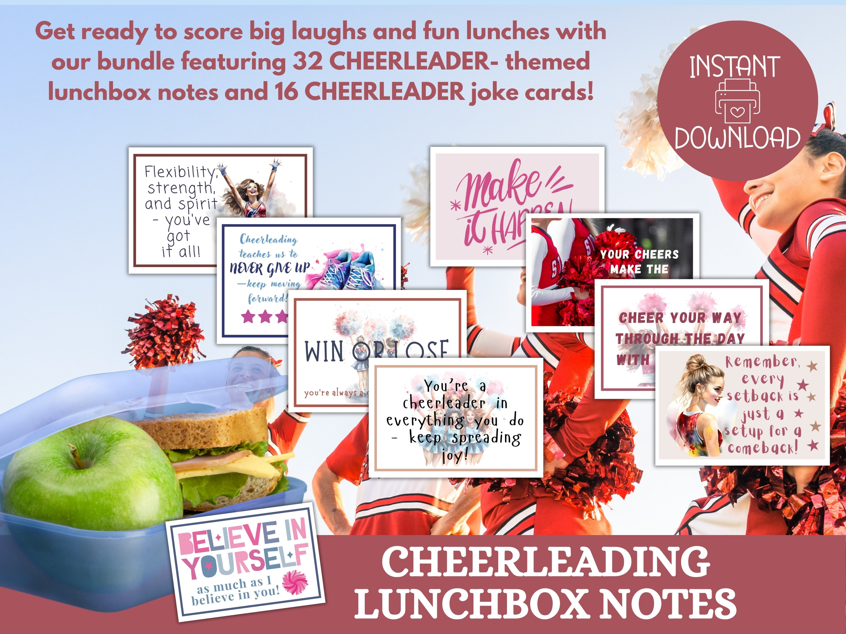Cheerleading Lunch Box Notes for Kids, Positive Affirmations ...