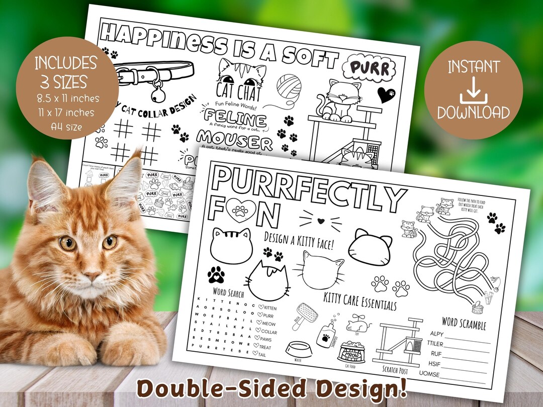Cat, Kitten, Pet Themed Printable Activity Sheet, Placemat for Kids ...