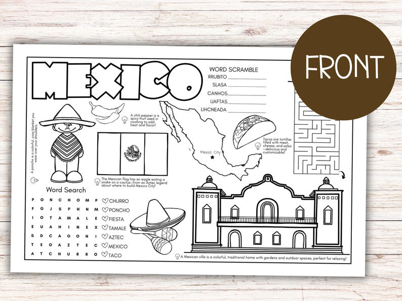 Mexico Themed Printable Activity Sheet, Placemat, for Kids – Word ...