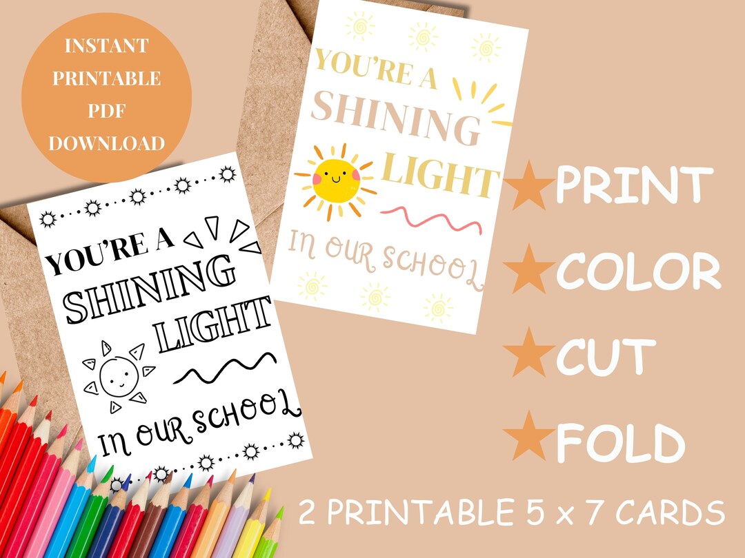 PRINTABLE You're A Shining Light, Coloring Teacher Card, Thank You ...