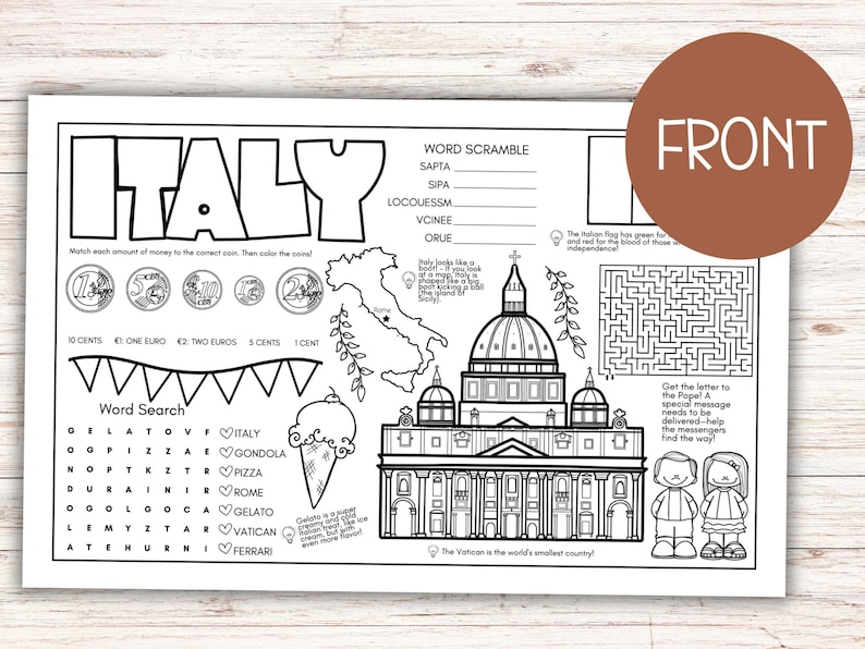 Italy Themed Printable Activity Sheet, Placemat for Kids – Word Search ...