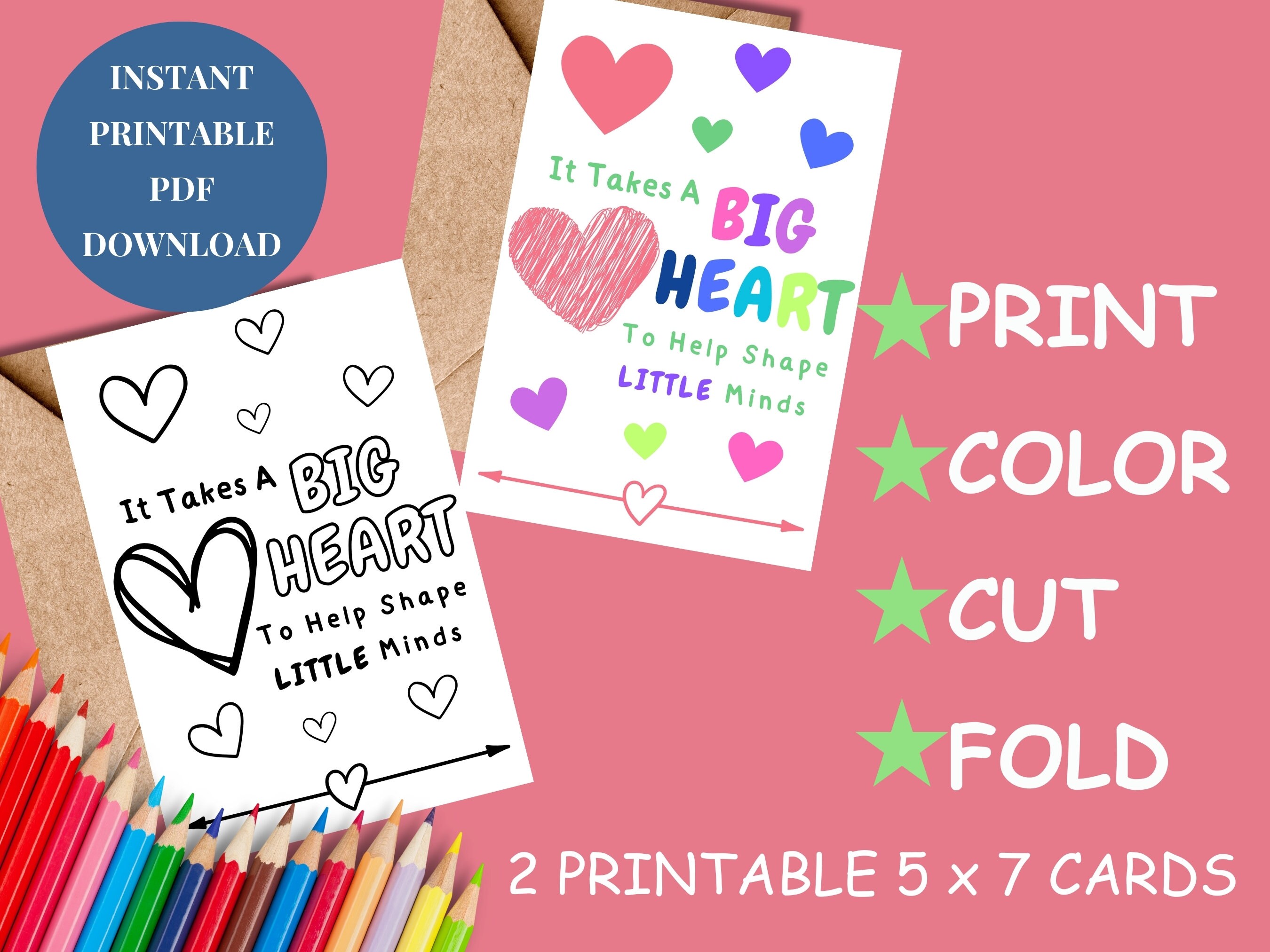PRINTABLE It Takes a Big Heart Card, Coloring Teacher Card, Thank You ...