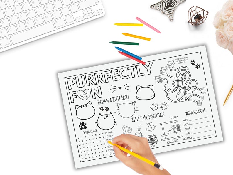 Cat, Kitten, Pet Themed Printable Activity Sheet, Placemat for Kids ...