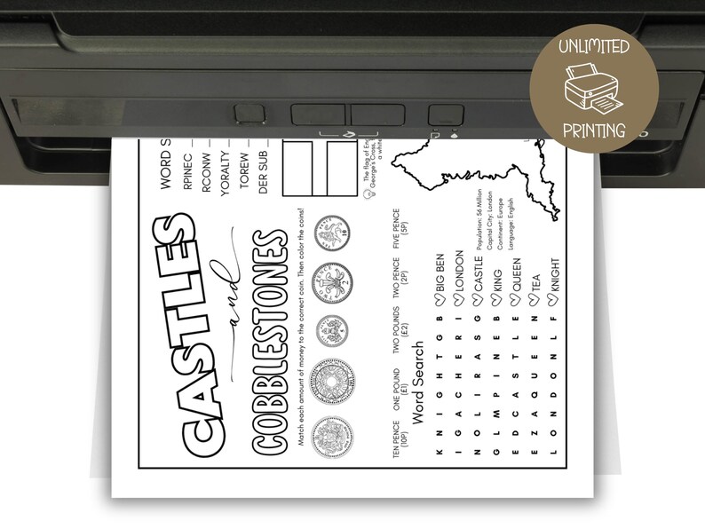 England Themed Printable Activity Sheet for Kids – Word Search, Maze ...