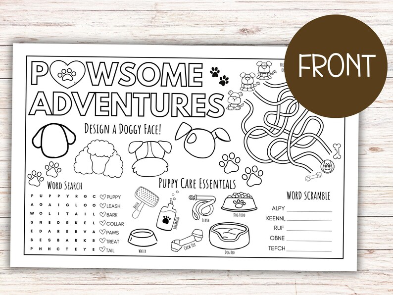 Dog, Puppy, Pet Themed Printable Activity Sheet, Placemat for Kids ...