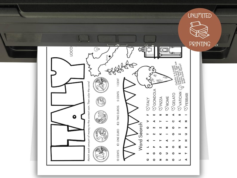 Italy Themed Printable Activity Sheet, Placemat for Kids – Word Search ...