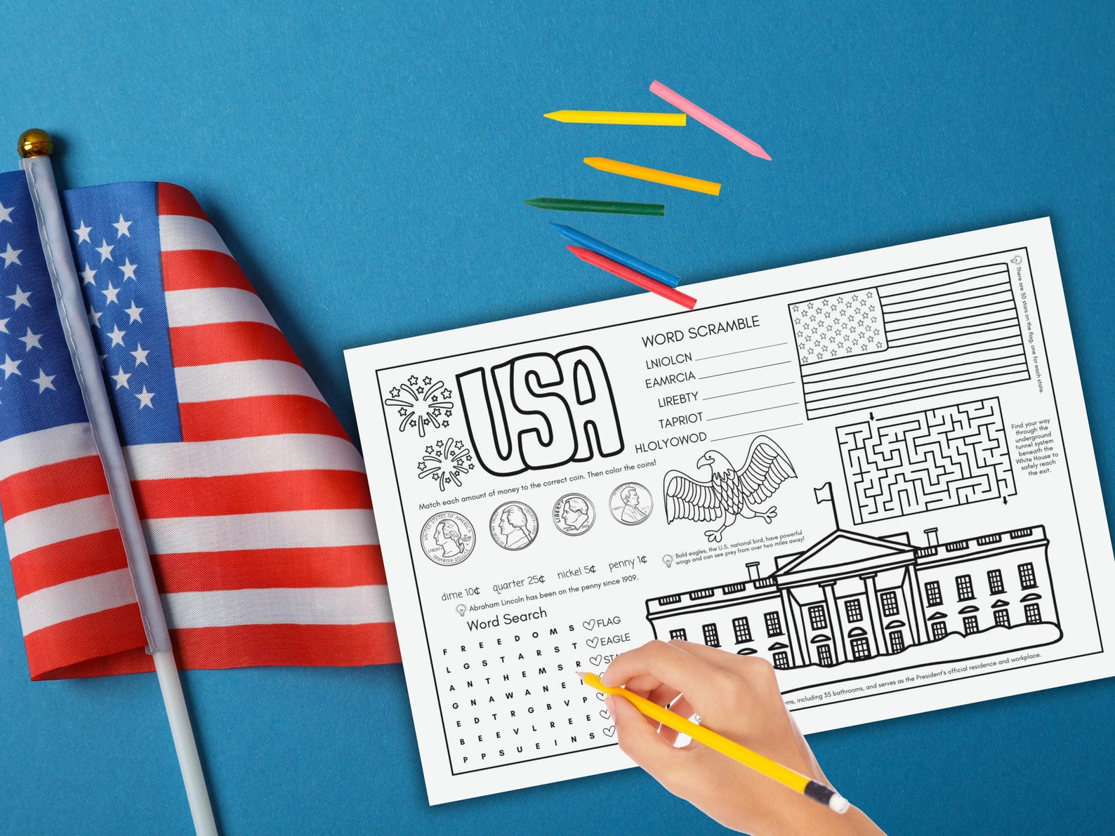 USA Themed Printable Activity Sheet, Placemat, for Kids – Word Search ...