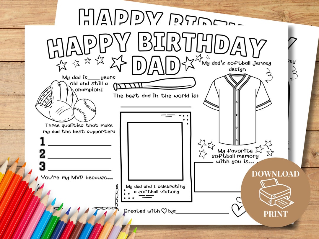 Happy Birthday Dad Softball Coloring Page, Printable All About Dad, Dad ...