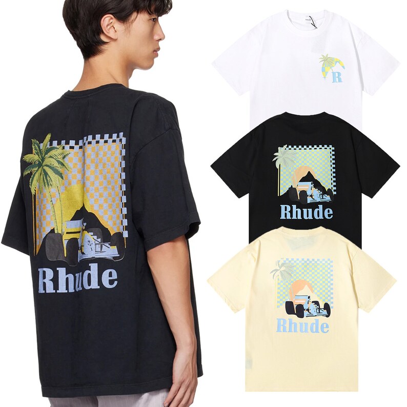 RHUDE Moonlight Tropics Coconut Tree Racing Printed Cotton Casual Short ...