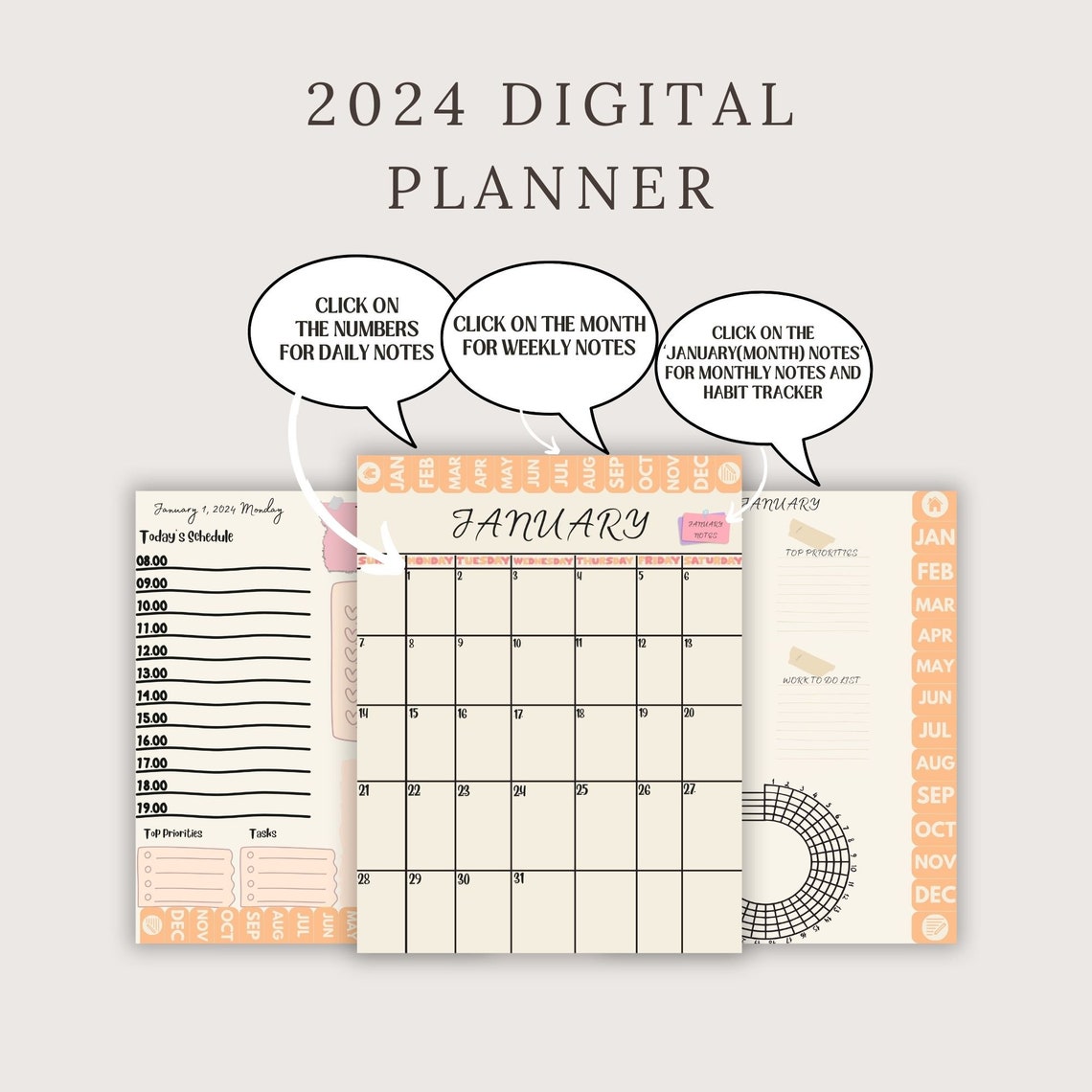 2024 Digital Planner Minimalist / Daily, Weekly & Monthly Planner ...