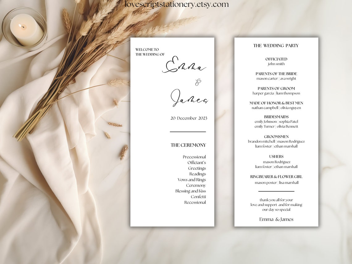 Wedding Program Template, Elegant Wedding Calligraphy & Border, Tall ...