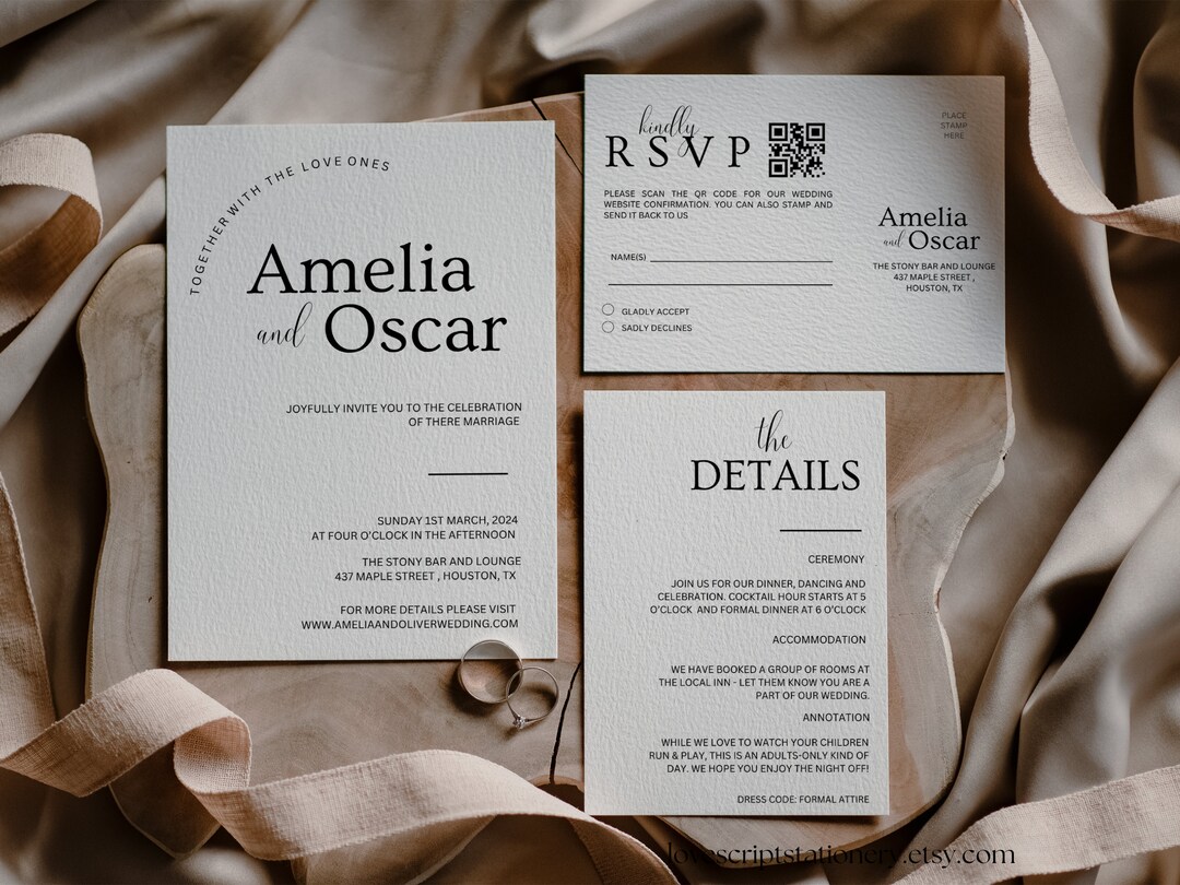 Simple Wedding Invites With QR Code| Minimalist Wedding Invite Suite ...