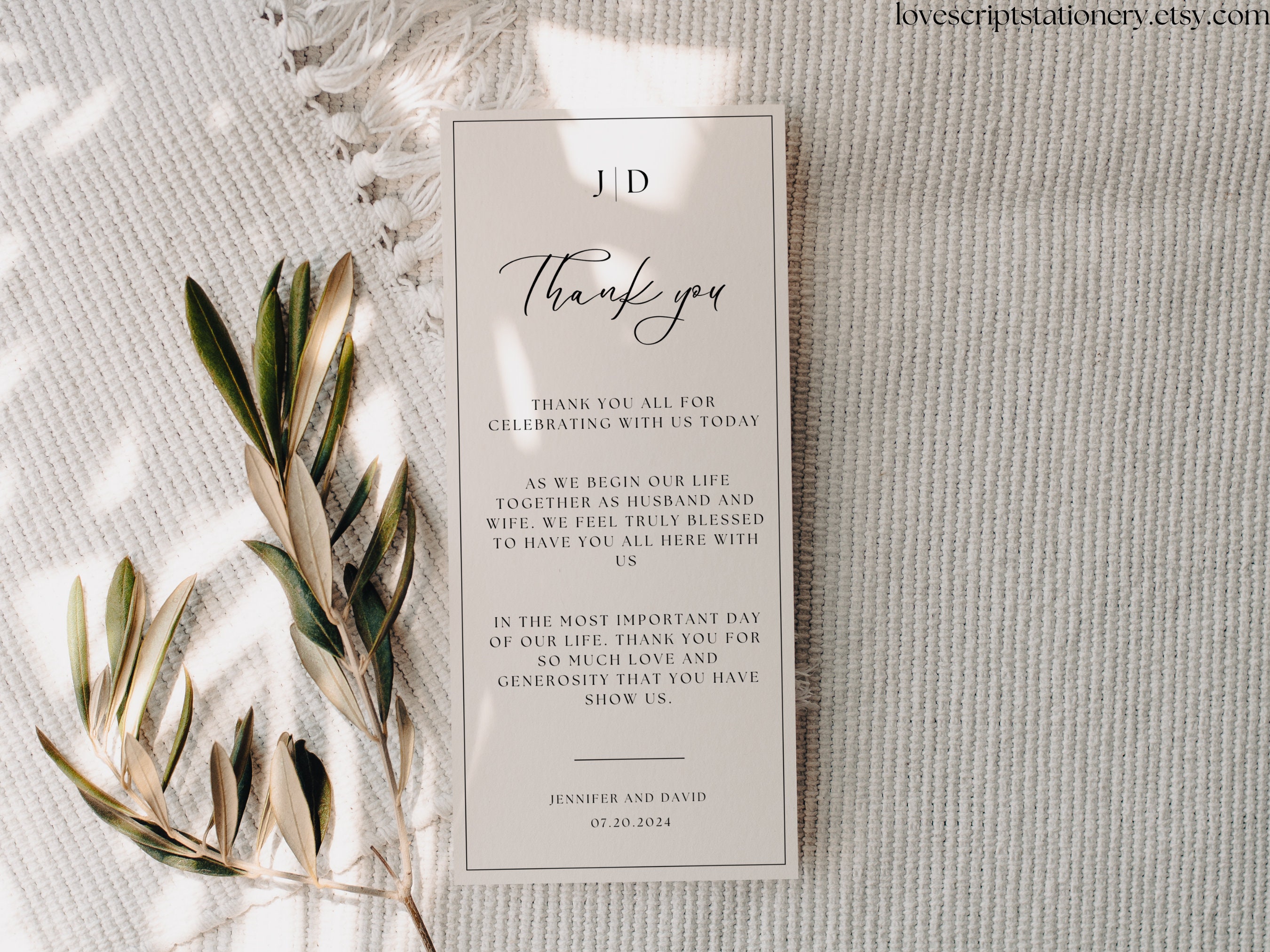 Monogram Thank You Place Card Template| Place Setting Thank You| Black ...