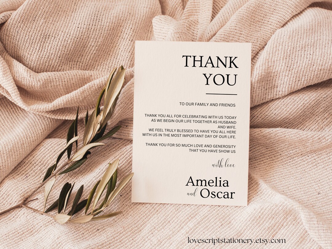 Simple Thank You Place Card Template|wedding Minimalistic Thank You ...