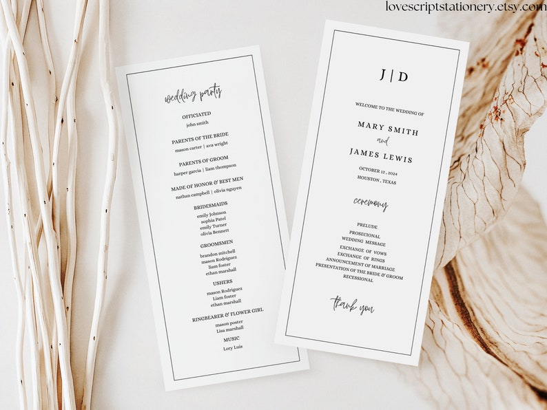 Wedding Program Template Monogram & Border Elegant Wedding Ceremony Program Printable Editable ...