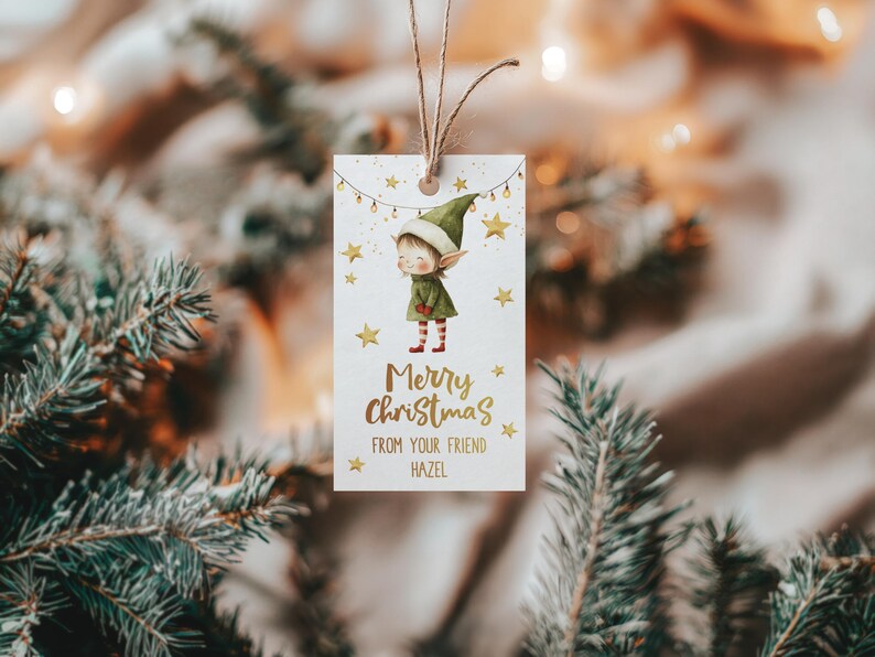 Merry Christmas Gift Tag With Christmas Elves: Smiling Elf (green ...