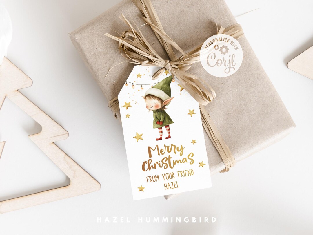 Merry Christmas Gift Tag With Christmas Elves: Smiling Elf green ...