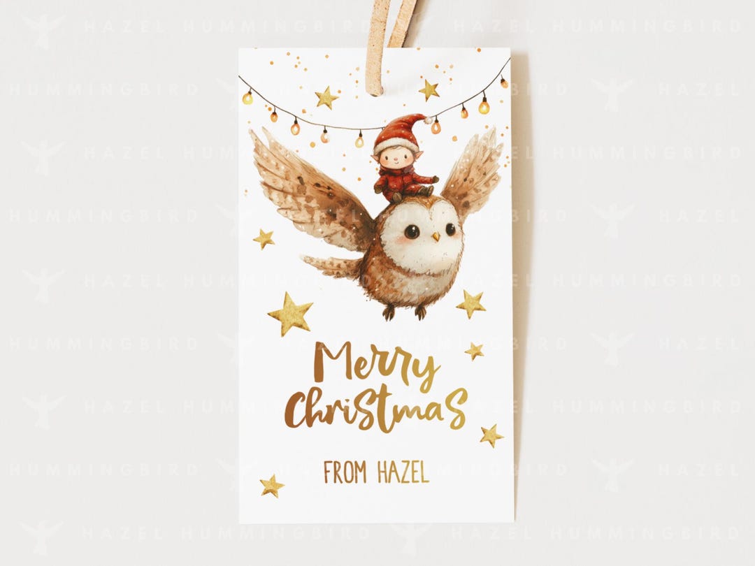 Merry Christmas Gift Tag With Christmas Elves: Elf Riding an Owl ...