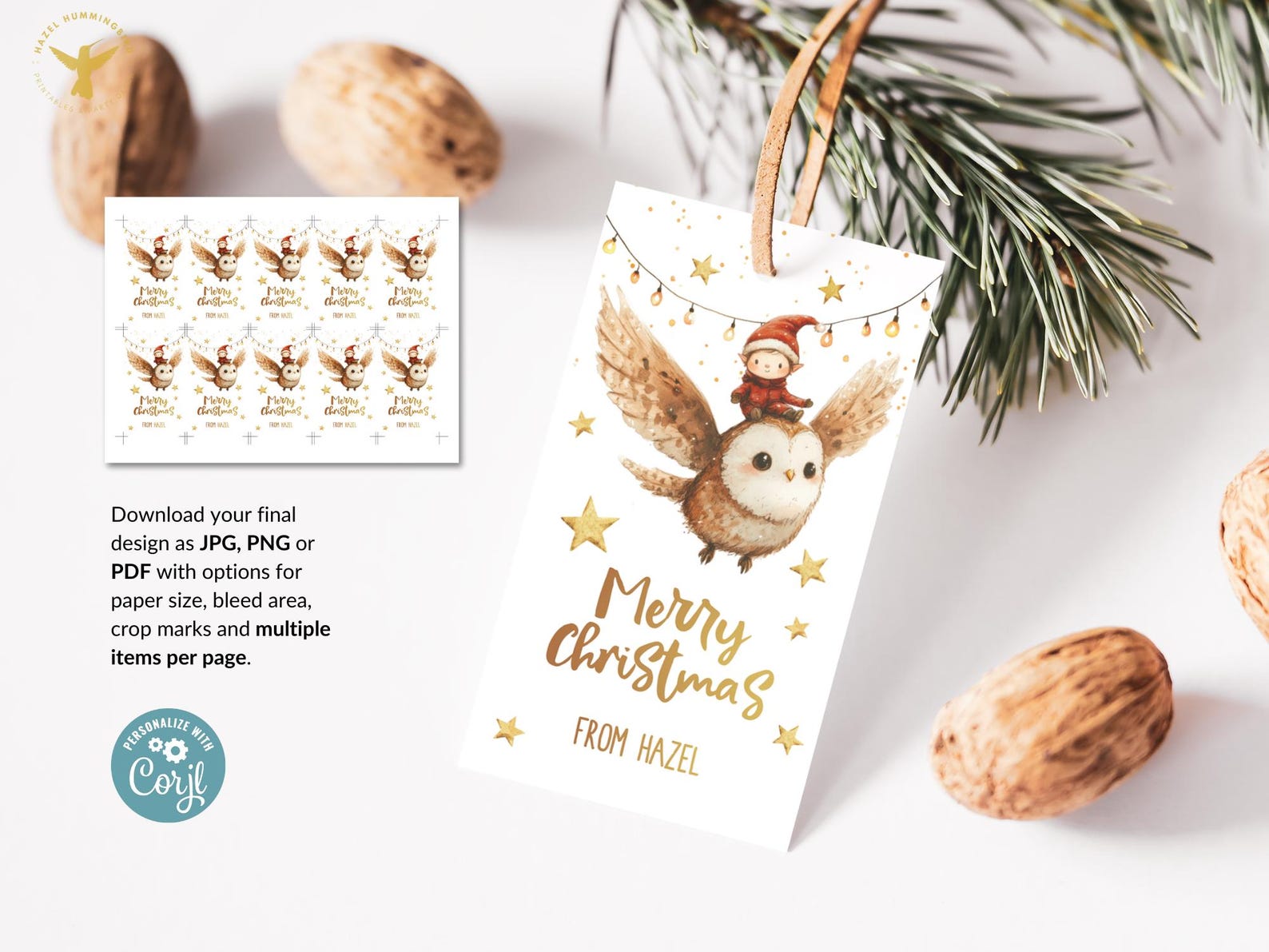 Merry Christmas Gift Tag With Christmas Elves: Elf Riding an Owl ...