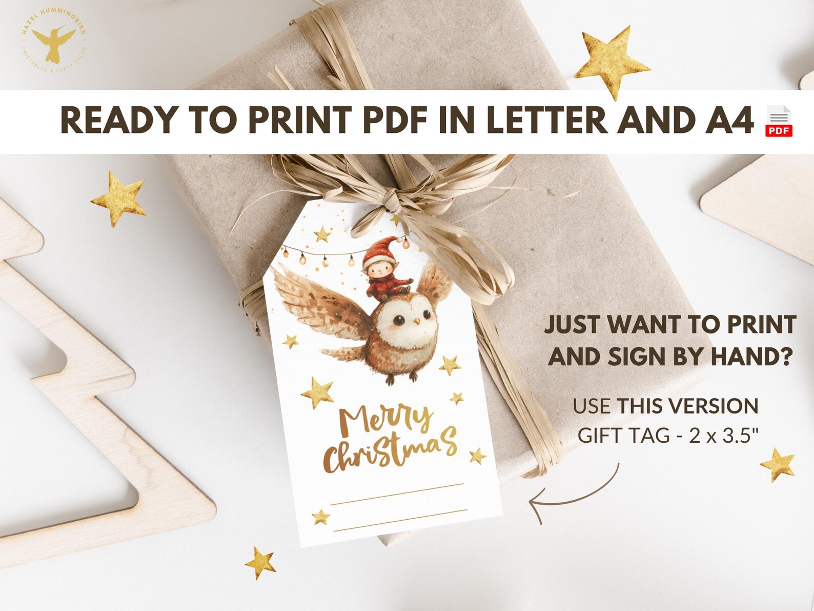 Merry Christmas Gift Tag With Christmas Elves: Elf Riding an Owl ...