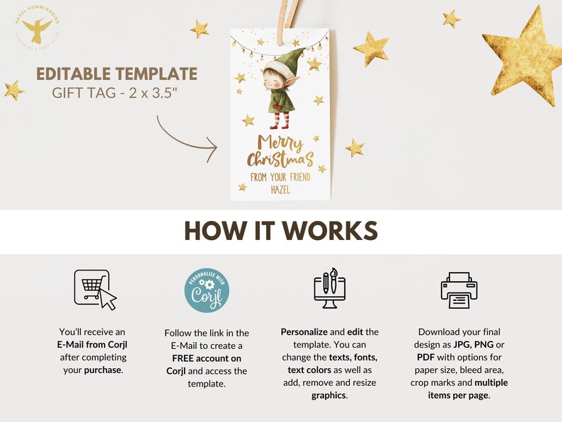 Merry Christmas Gift Tag With Christmas Elves: Smiling Elf (green ...