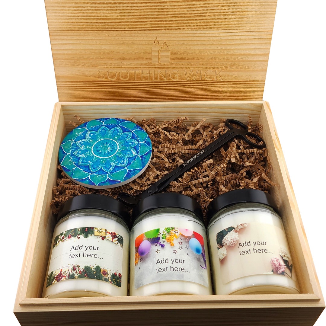 Custom Candle Gift Set With Wooden Box Hand-poured Soy Blend Candles ...