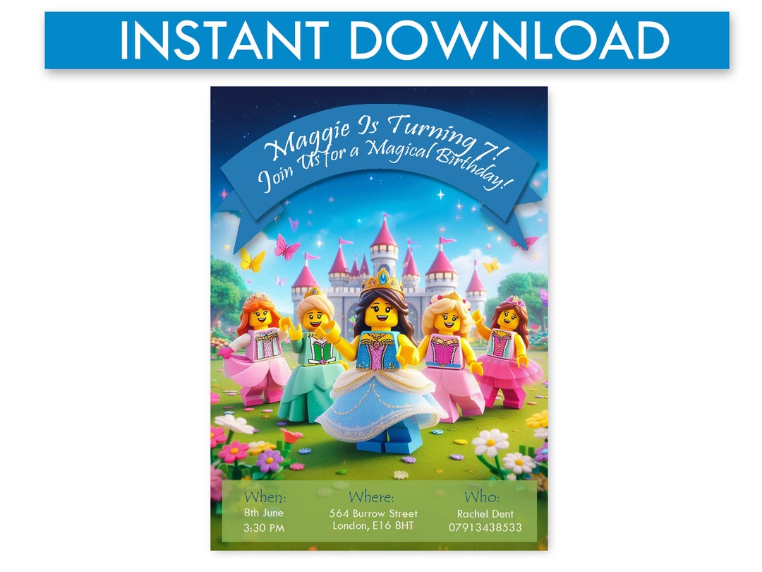 Lego Princess Birthday Party Invitation Legoland Calling All Princesses ...