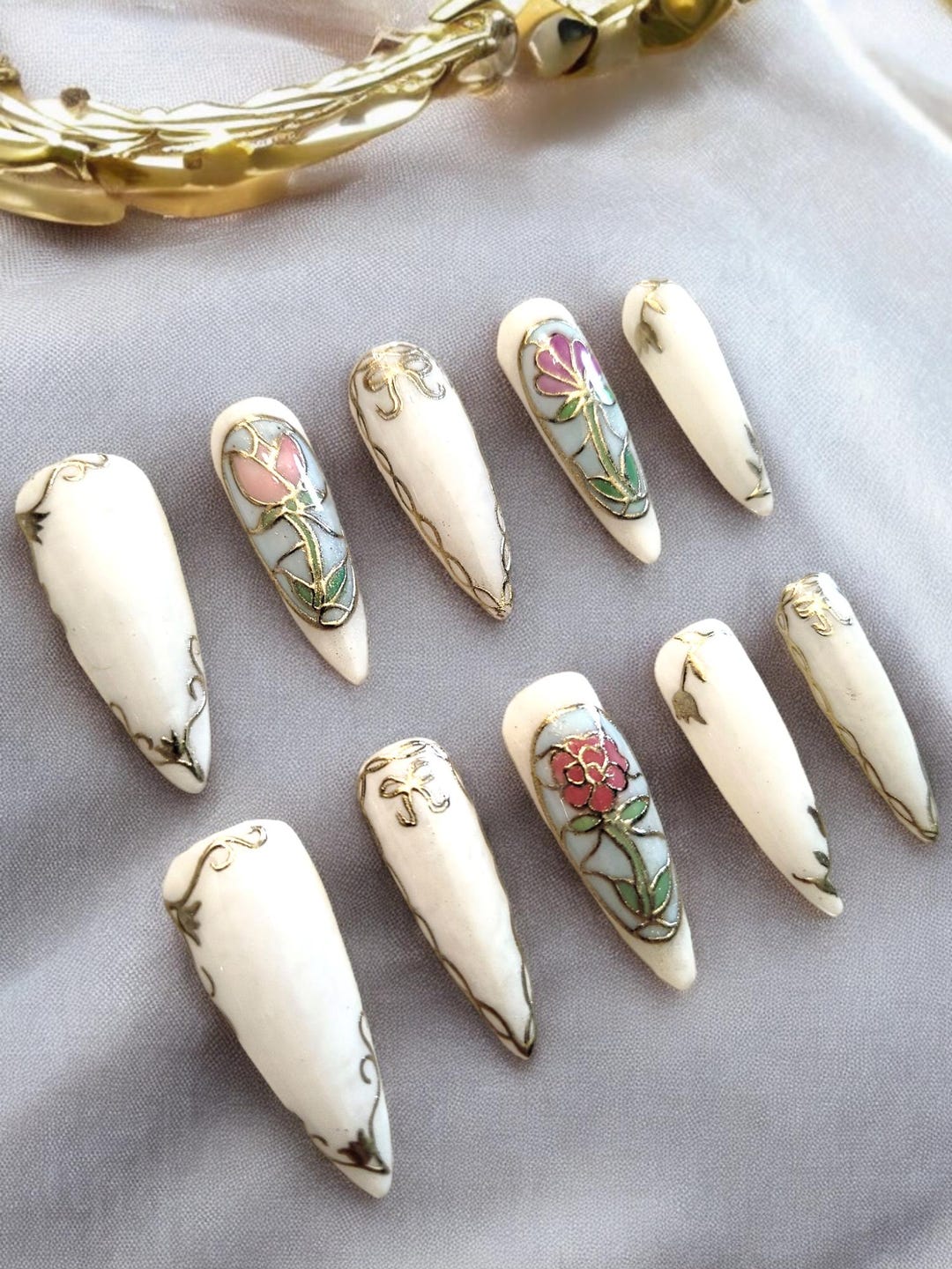 Fairy Tale Stained Glass Press on Nails, Romantic Floral & Gold Custom ...
