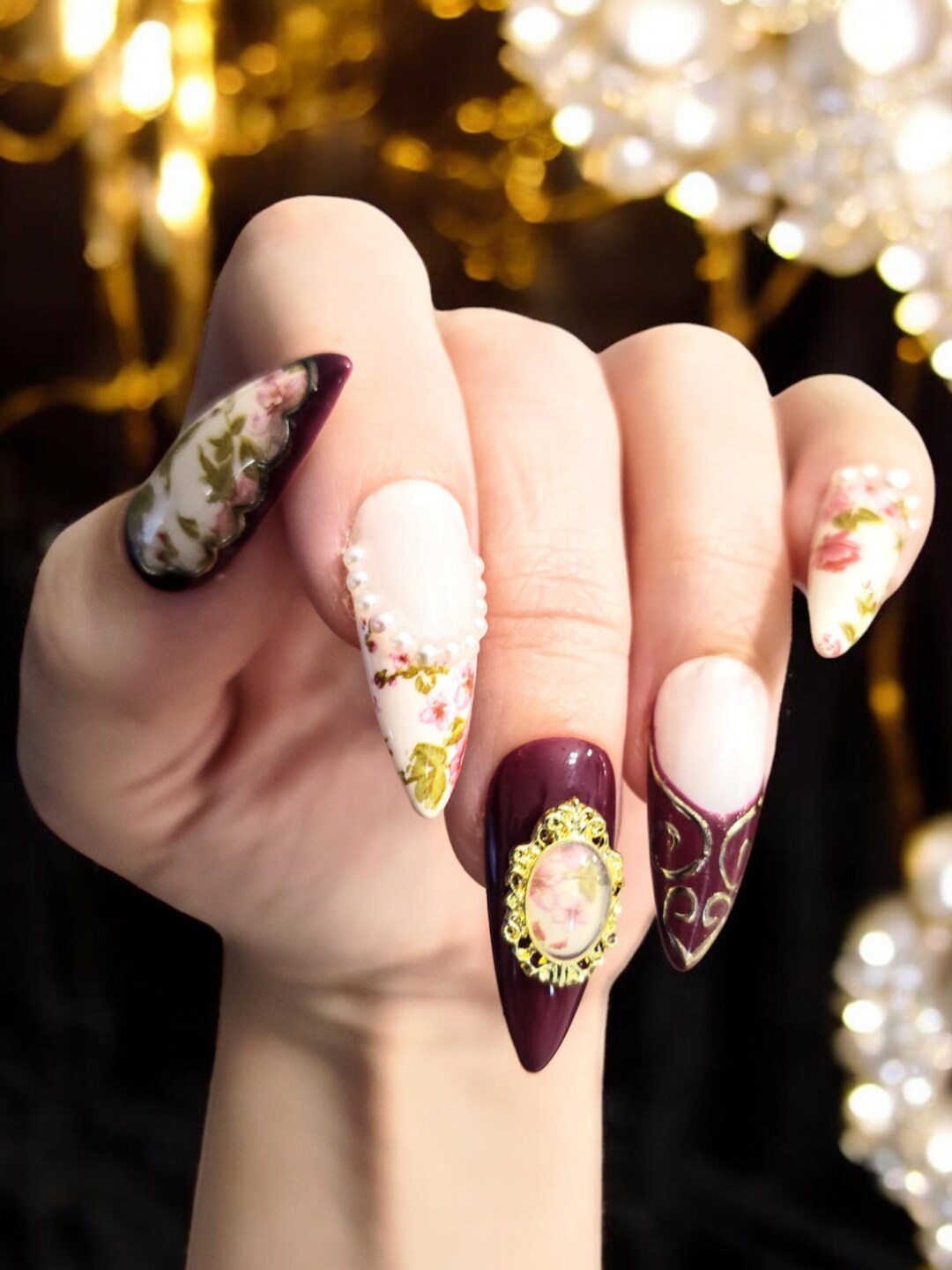 Victorian Freestyle Burgundy & Gold Floral Press-on Nails - Etsy