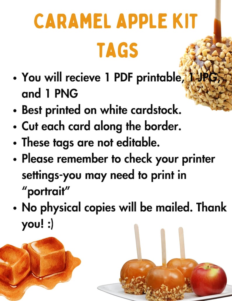 Caramel Apple Printable Tags, Caramel Apple Kit Tags, Fall Gift Tags ...