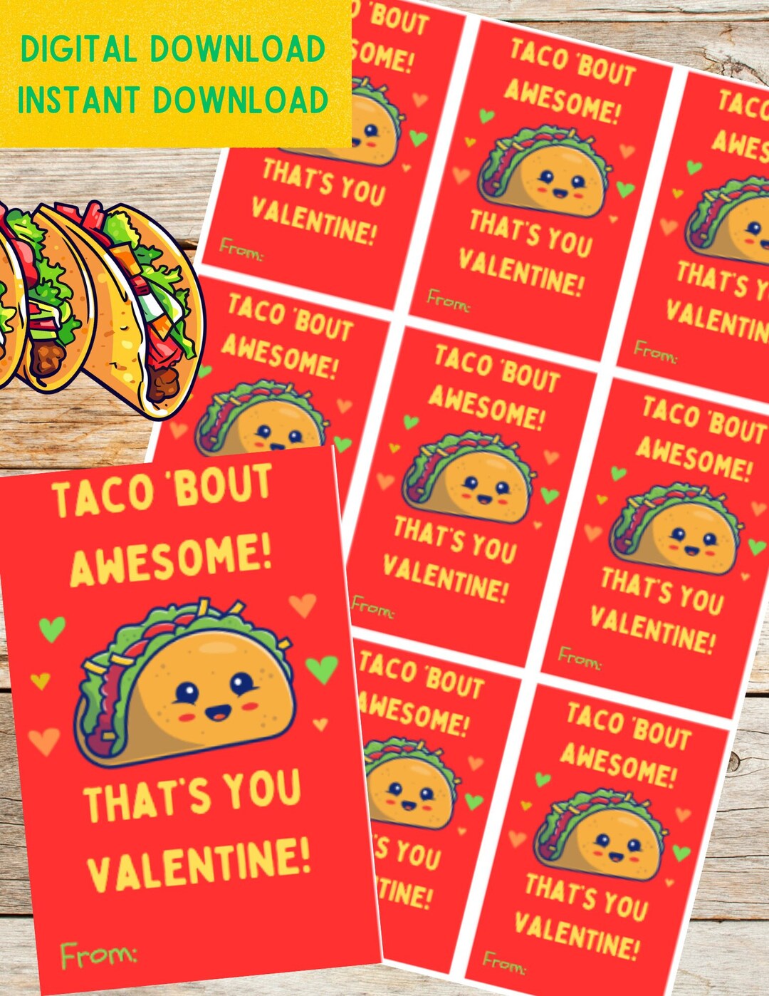 Taco Valentine Cards, Printable Valentine Cards, Digital Valentines ...